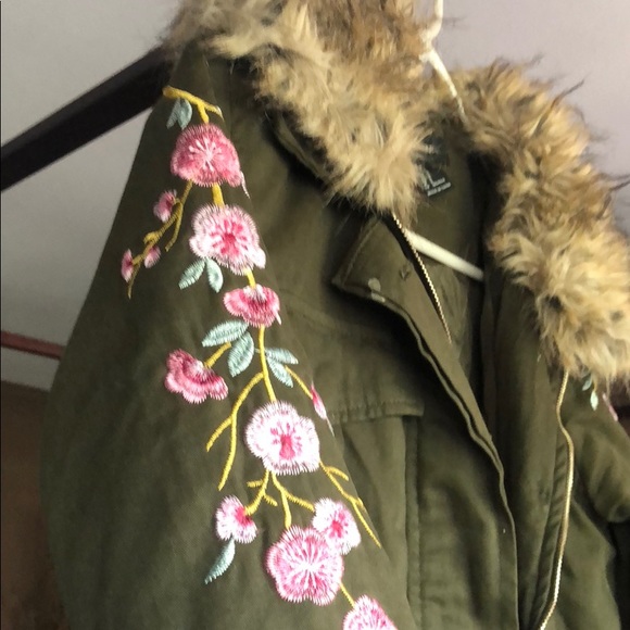 Jackets & Coats | Green Military Style Jacket Wflowers On Sleeves ...